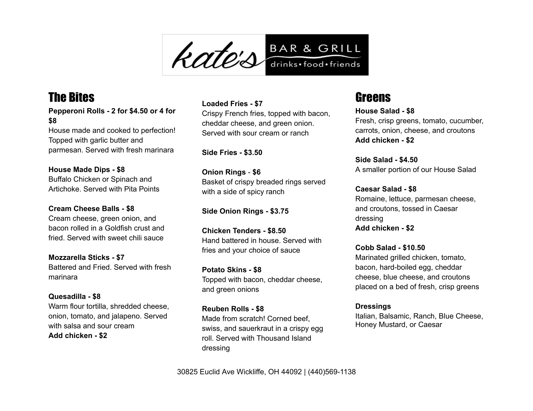 Menu – Kate's Bar & Grill