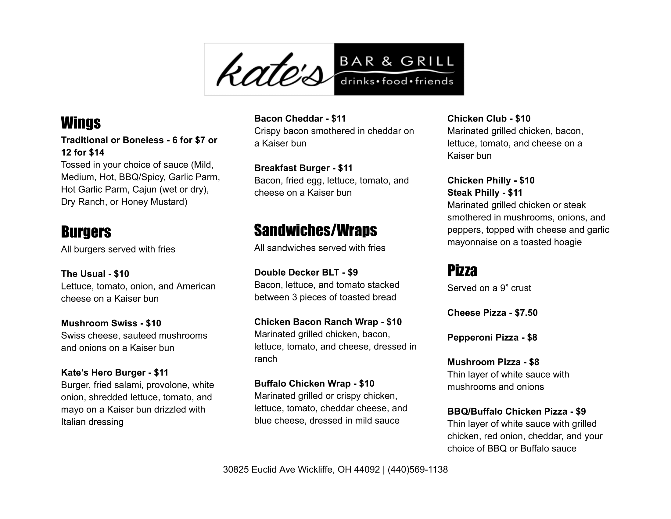 Menu – Kate's Bar & Grill